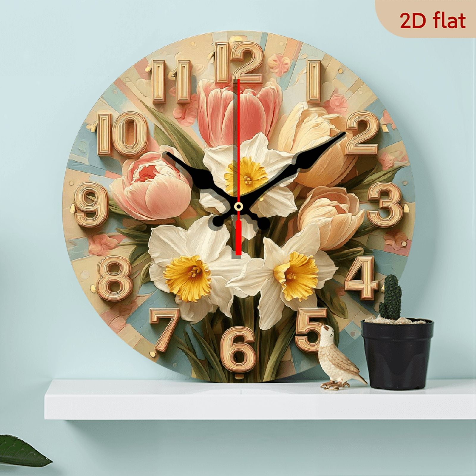 2D Flat 1pc 10Inch Wooden Silent Wall Clock with Vibrant Spring Floral ...