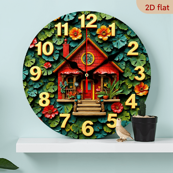 2D Flat 1pc 10Inch Wooden Silent Wall Clock Whimsical Cottage Garden ...
