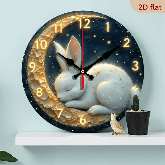 2D Flat 1pc 10Inch Wooden Sleeping Rabbit Moon Decorative Wall Clock ...