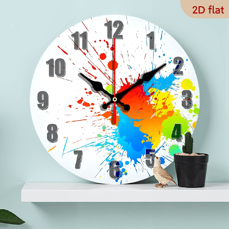 2D Flat 1pc 10Inch Wooden Splatter Paint Clock Decorative Round Wall ...