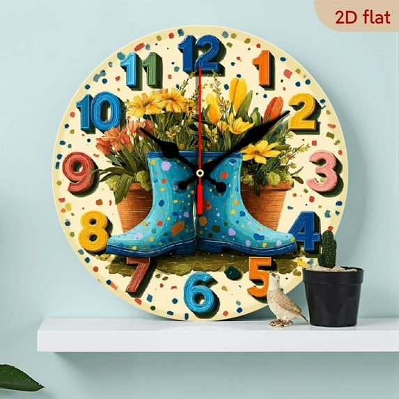 2D Flat 1pc 10Inch Wooden Spring Garden Boots Floral Wall Clock - 10 ...
