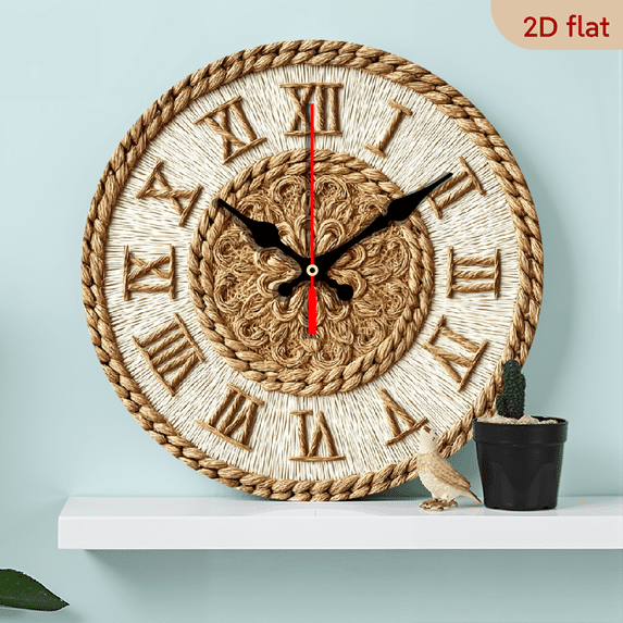 2D Flat 1pc 10Inch Wooden Straw Weave Sun Roman Wooden Wall Clock - Quiet Swiss, Battery Powered ...