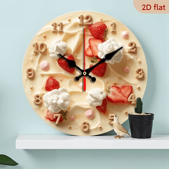 2D Flat 1pc 10Inch Wooden Strawberry Cream Cake Wall Clock with Pink ...