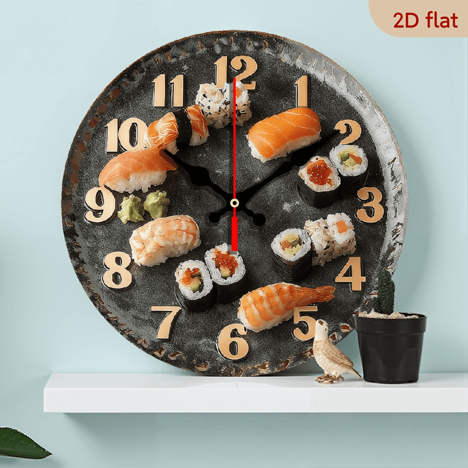 2D Flat 1pc 10Inch Wooden Sushi-Themed Wall Clock with Maki, Salmon ...