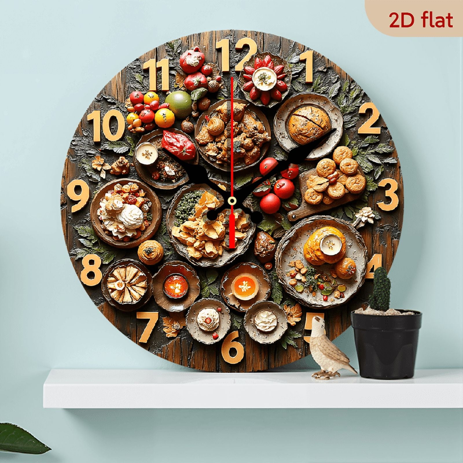 2D Flat 1pc 10Inch Wooden Vibrant Wall Clock with Delicious Food Design ...
