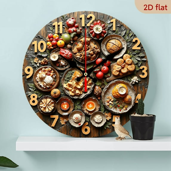 2D Flat 1pc 10Inch Wooden Vibrant Wall Clock with Delicious Food Design ...