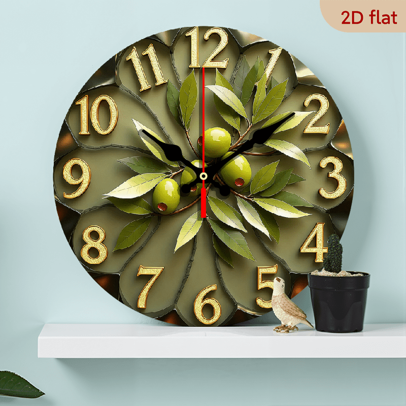 2D Flat 1pc 10Inch Wooden Vintage Olive Leaf Wall Clock - 10Inch Round Silent Wooden Clock with ...