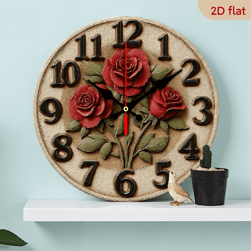 2D Flat 1pc 10Inch Wooden Vintage Red Rose Green Foliage Wooden Round ...