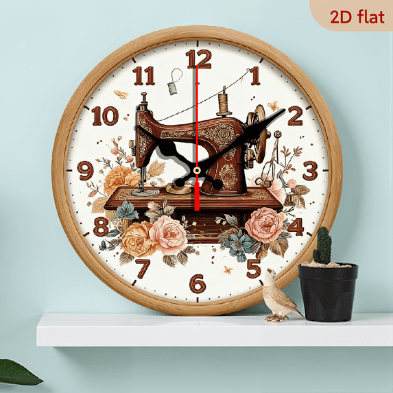 2D Flat 1pc 10Inch Wooden Vintage Sewing Machine Wall Clock - Silent ...