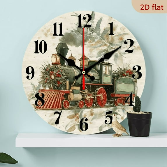 2D Flat 1pc 10Inch Wooden Vintage Train Wall Clock - Silent Non-Ticking ...