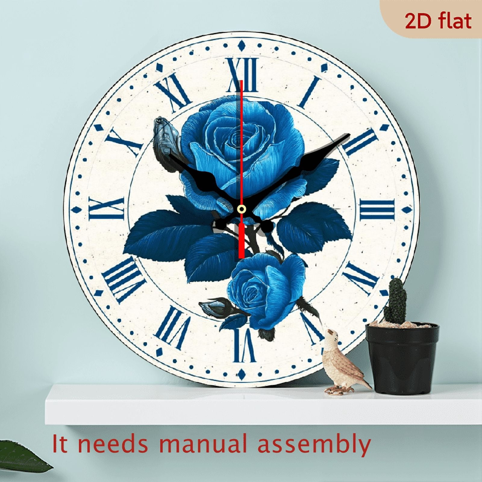 2D Flat 1pc 10Inch Wooden Wall Clock Blue Rose Floral Design Roman ...