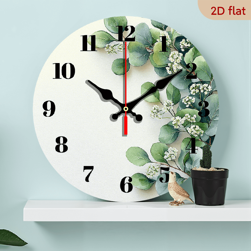 2D Flat 1pc 10Inch Wooden Wall Clock with Floral Design Elegant Green ...