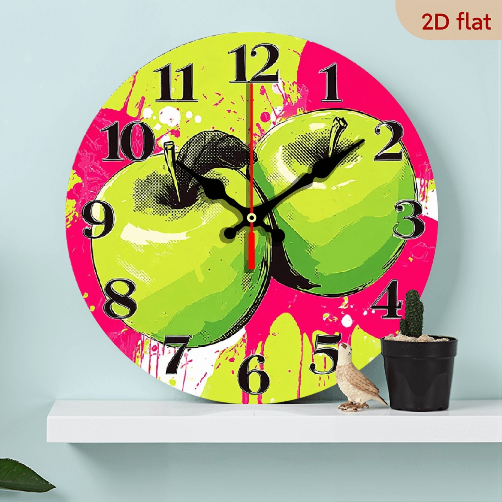 2D Flat 1pc 10Inch Wooden Wall Clock, Fruit Theme - Bright Green Apple ...