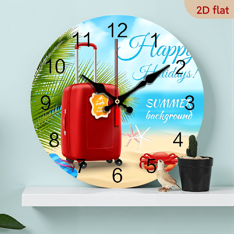 2D Flat 1pc 10Inch Wooden Wall Clock Happy Holidays Red Suitcase ...