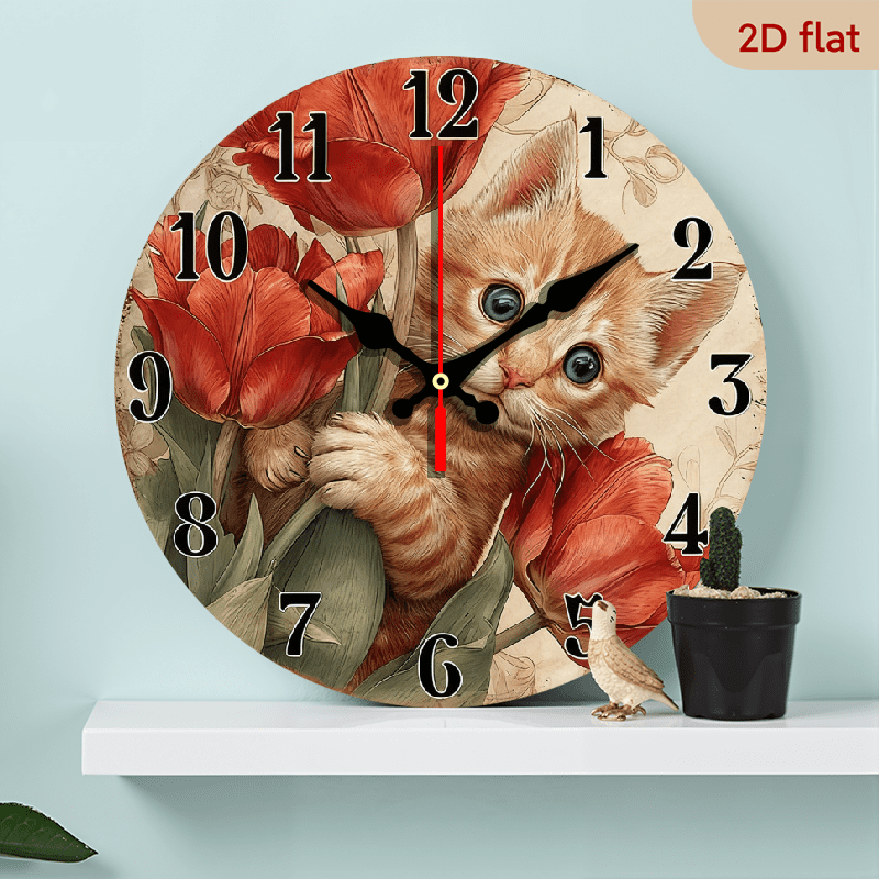 2D Flat 1pc 10Inch Wooden Wall Clock Non-Ticking Wooden, Circular Clock ...