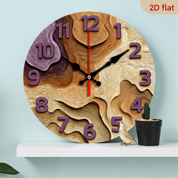 2D Flat 1pc 10Inch Wooden Wall Clock with Purple Hands BrownBeige Wood ...