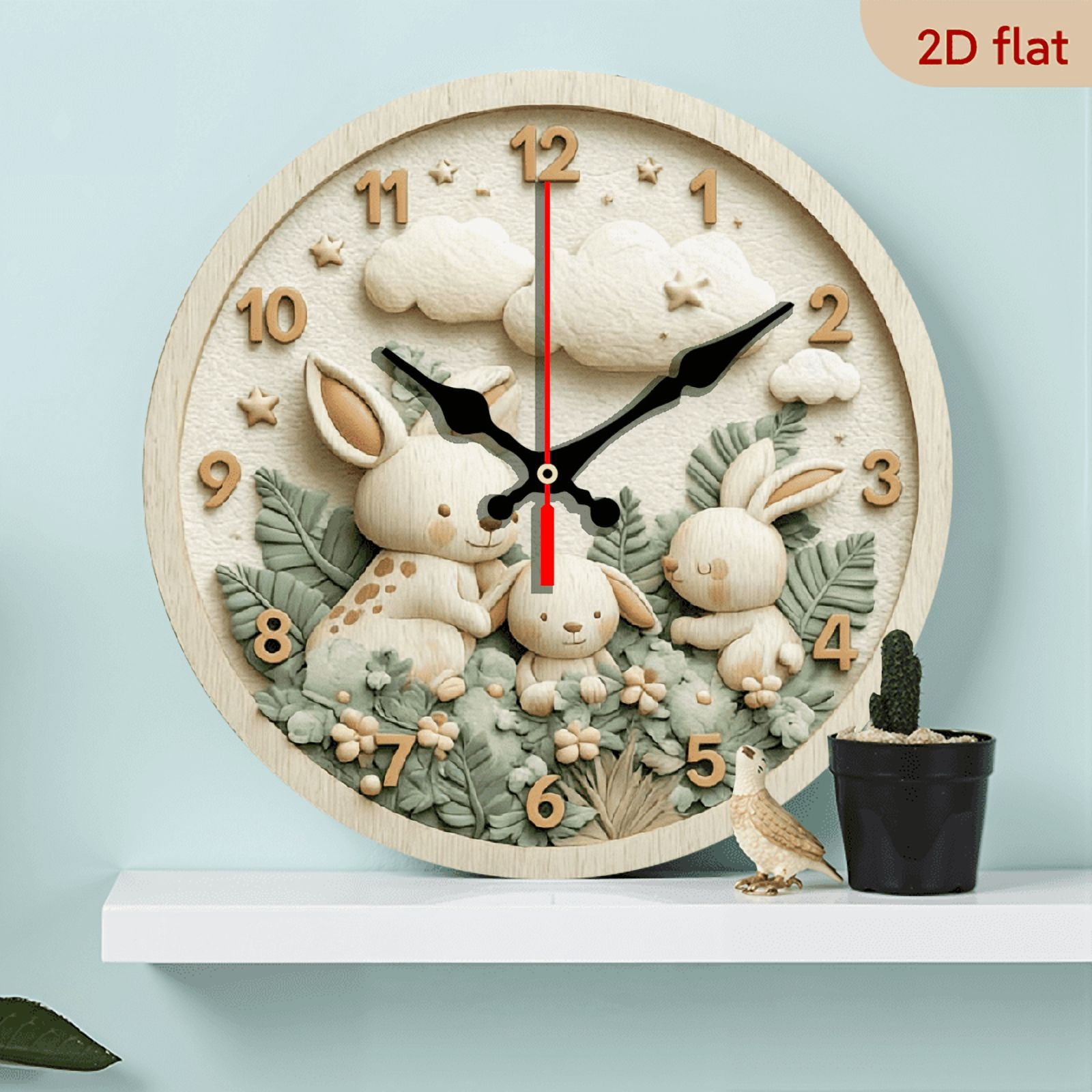 2D Flat 1pc 10Inch Wooden Wall Clocks with Cute Cartoon Design, Silent ...