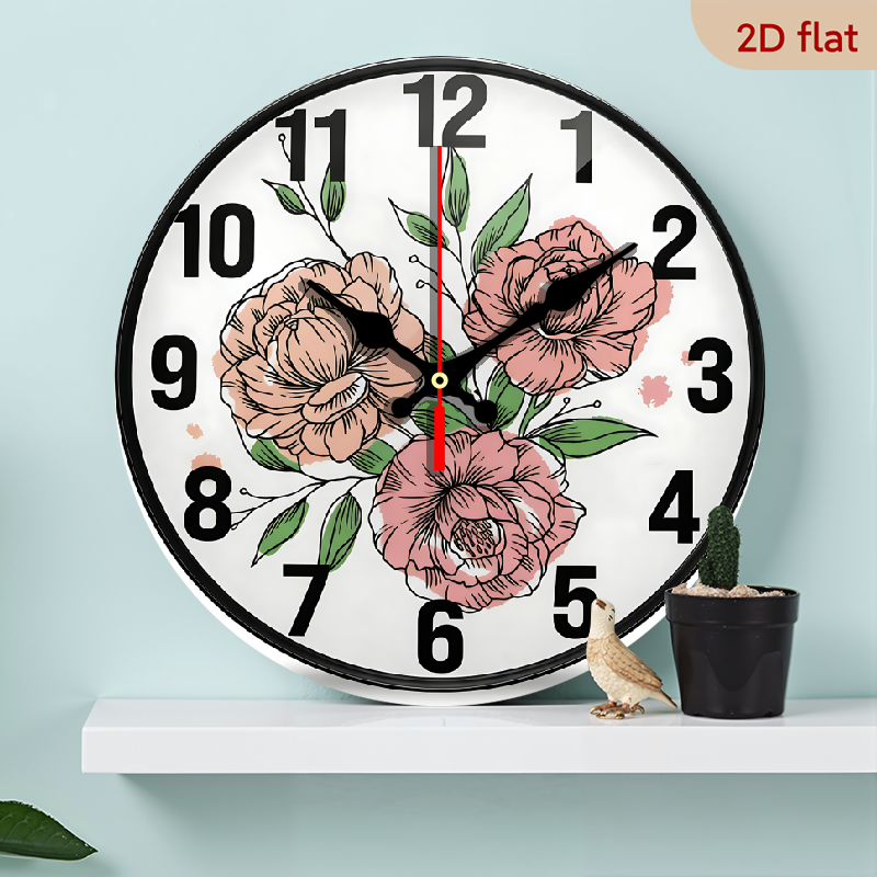 2D Flat 1pc 10Inch Wooden Watercolor Flowers Peonies Wall Clock Silent ...