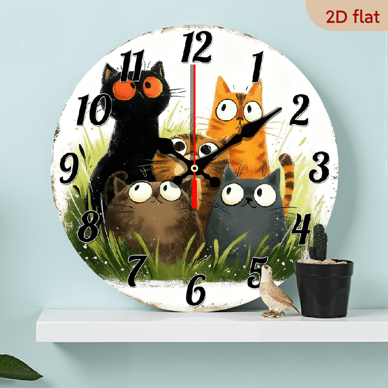 2D Flat 1pc 10Inch Wooden Whimsical Cartoon Cat Wall Clock - Non ...