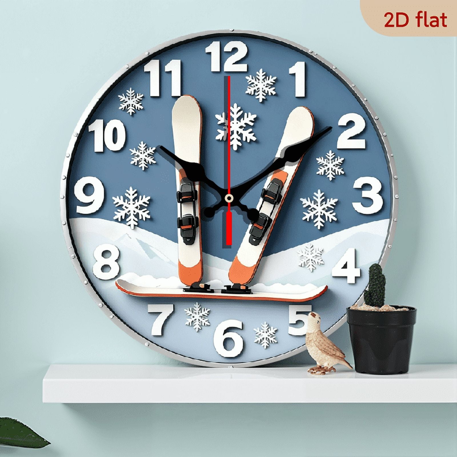 2D Flat 1pc 10Inch Wooden Winter Skiing Wooden Wall Clock - Quiet Swiss ...