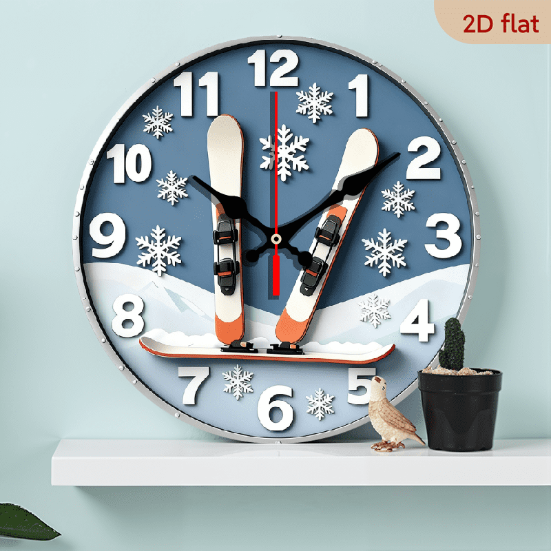 2D Flat 1pc 10Inch Wooden Winter Skiing Wooden Wall Clock - Quiet Swiss ...
