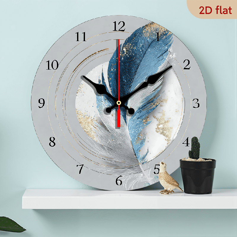 2D Flat 1pc 10Inch Wooden veneer wall clock with blue and white feather ...