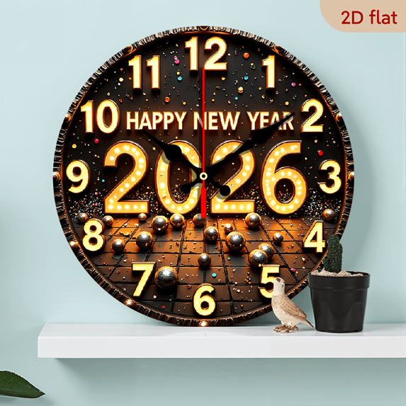 2D Flat 1pc 2026 New Year-themed Wooden Wall Clock 10 Inches, Silent ...