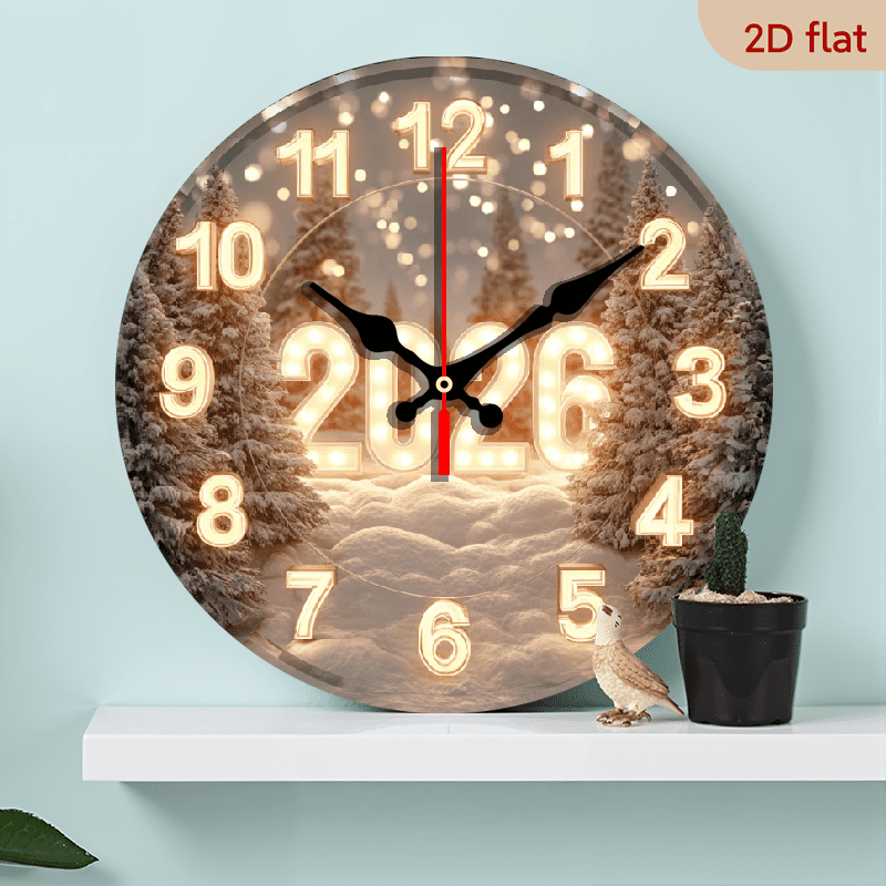 2D Flat 1pc 2026 Snow Scene Pine Tree Style Wooden Wall Clock 10 Inches ...