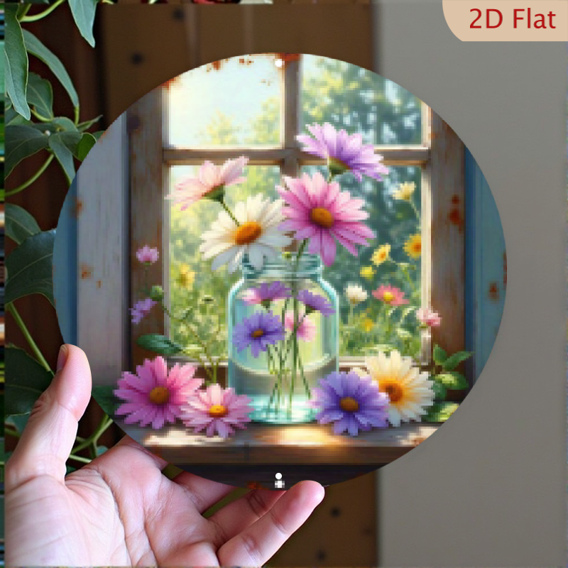 2D Flat, 1pc 8-Inch Round Iron Wall Art - Floral Mason Jar on Window ...