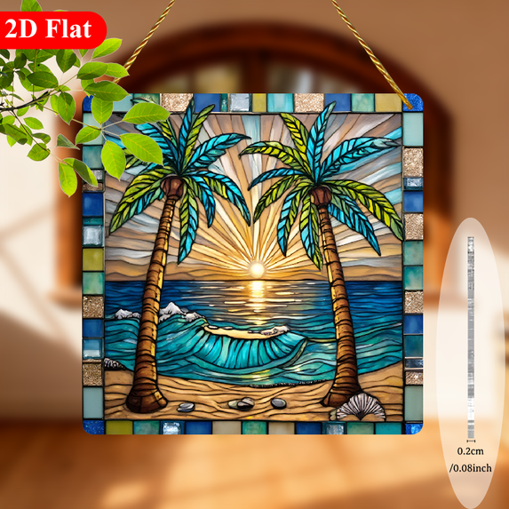 2D Flat, 1pc 8-Inch Square Tropical Beach Suncatcher with Palm Trees ...