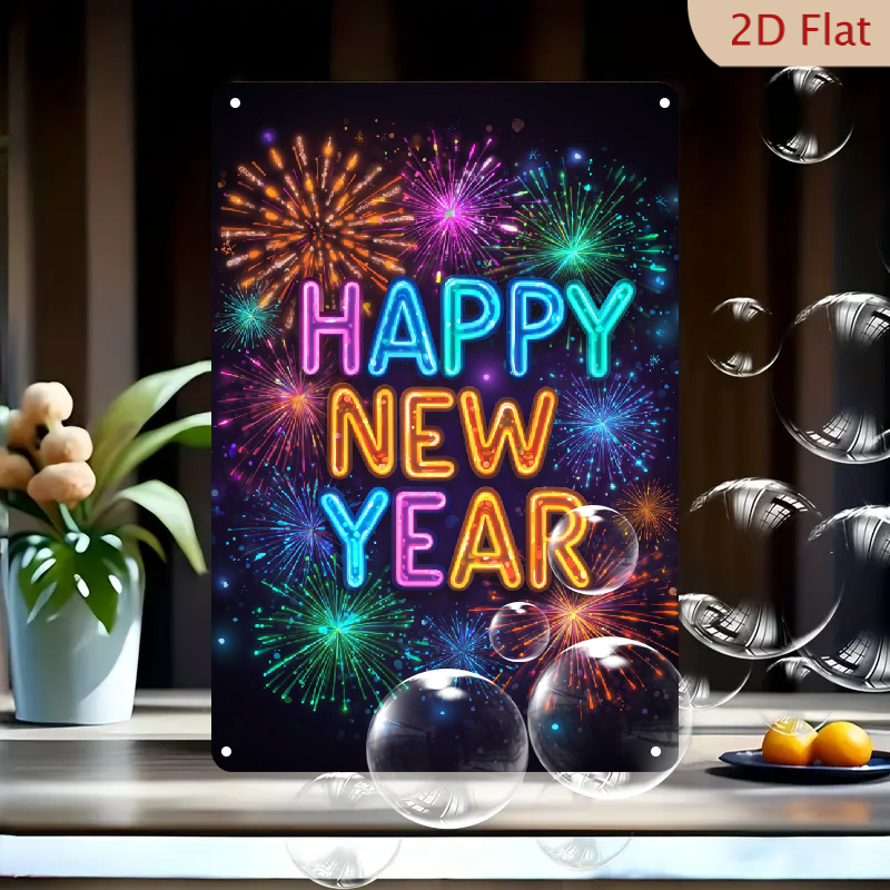 2D Flat, 1pc 8x12inch Happy New Year Fireworks Metal Tin Sign Vibrant ...