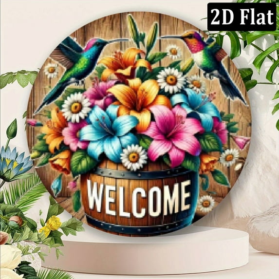 2D Flat, 1pc 8x8 Inch Aluminum Hummingbird Welcome Sign - 2D Relief ...