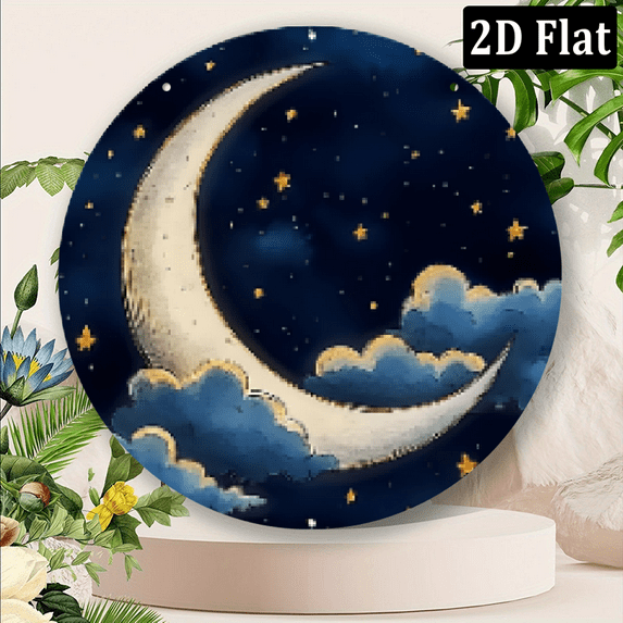 2D Flat, 1pc 8x8 Inch Aluminum Moon Stars Round Wall Decor Sign ...