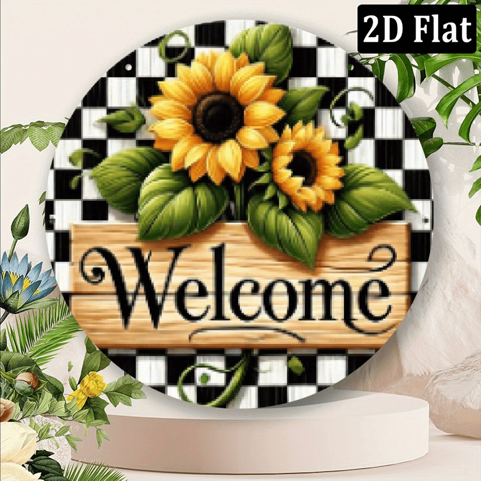 2D Flat, 1pc 8x8 Inch Aluminum Round Checkered Sunflower Welcome Sign ...