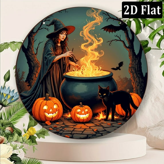 2D Flat, 1pc 8x8 Inch Aluminum Vintage Halloween Witch Cat Metal Sign ...