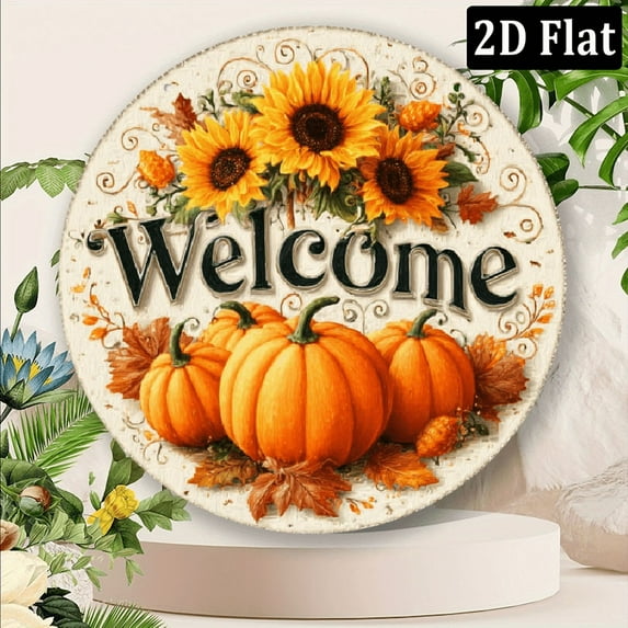 2D Flat, 1pc 8x8 Inch Round Aluminum Autumn Welcome Sign Wall Decor ...