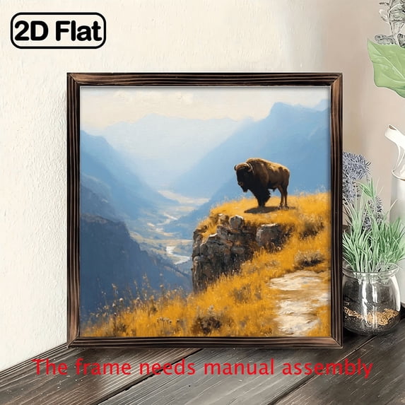 2D Flat, 1pc 8x8 Inch Wood Framed Wall Art, Featuring a Bison Standing ...