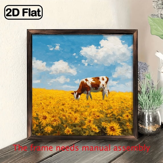 2D Flat, 1pc 8x8 Inch Wood Framed Wall Art, Featuring a Cow Grazing in ...