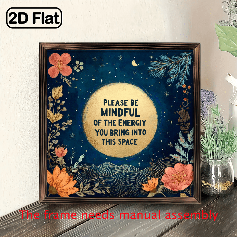 2D Flat, 1pc 8x8 Inch Wooden Framed Mindful Energy Moon Phase Wall Art ...