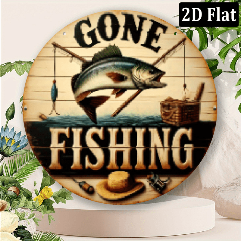 2D Flat, 1pc 8x8Inch Round Aluminum GONE FISHING Vintage Metal Wall ...