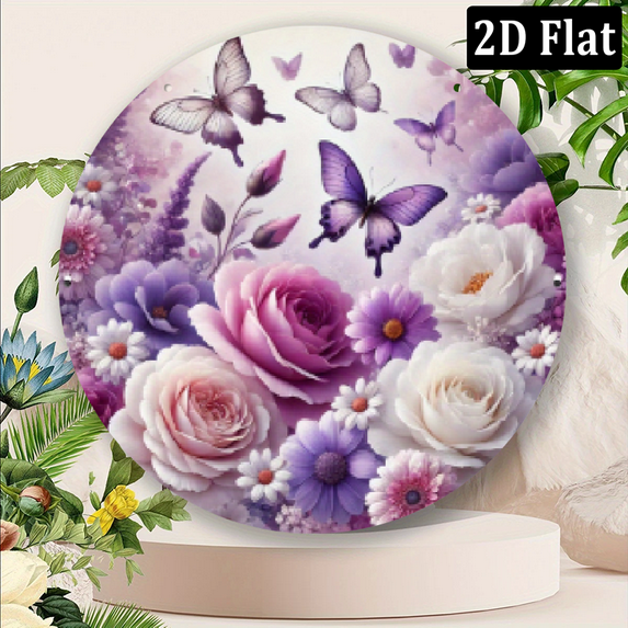 2D Flat, 1pc 8x8in Aluminum Round Metal Sign with Purple Butterfly ...