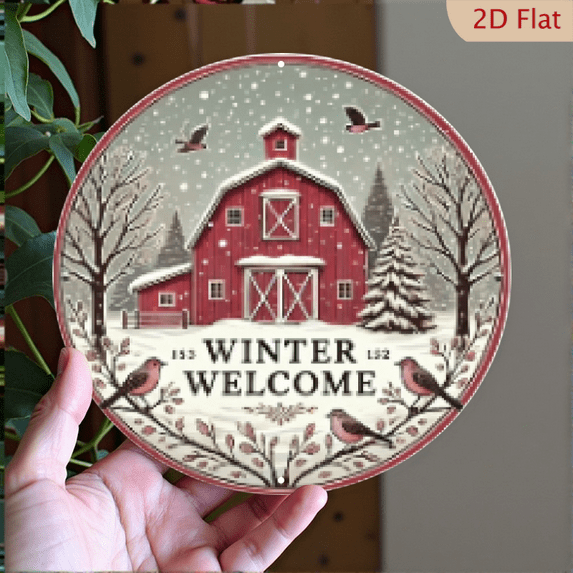 2D Flat, 1pc 8x8inch Aluminum 2D, 8-inch Round Iron Winter Welcome Sign ...