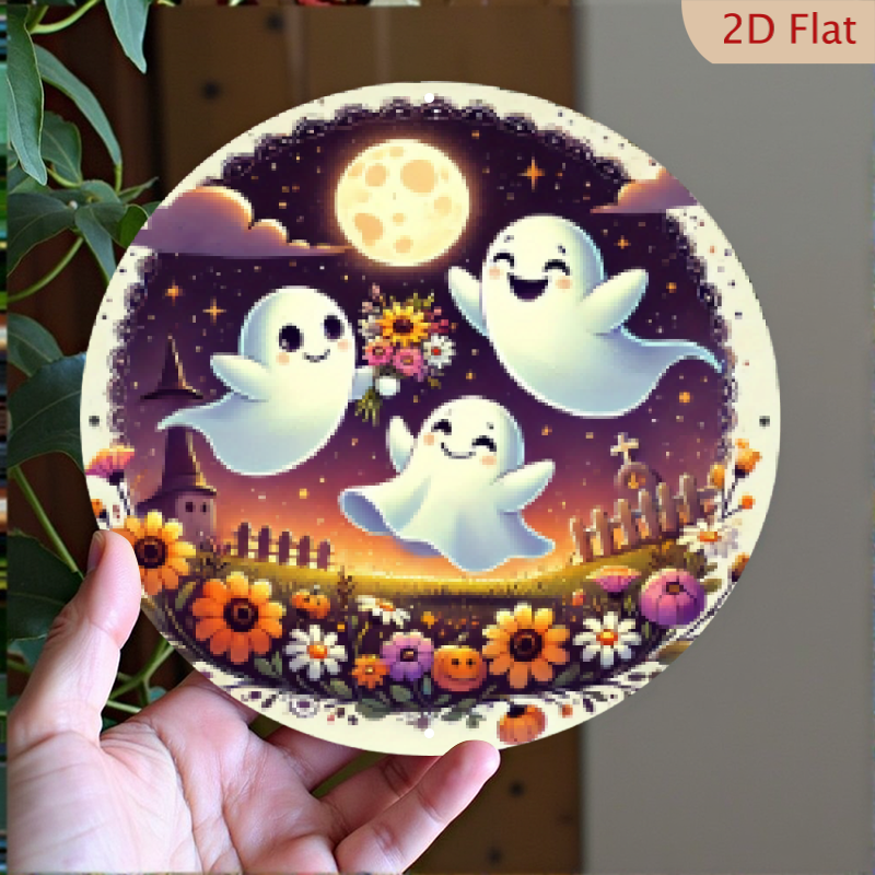 2D Flat, 1pc 8x8inch Aluminum 2D Inch Round Halloween Floral Metal Sign ...