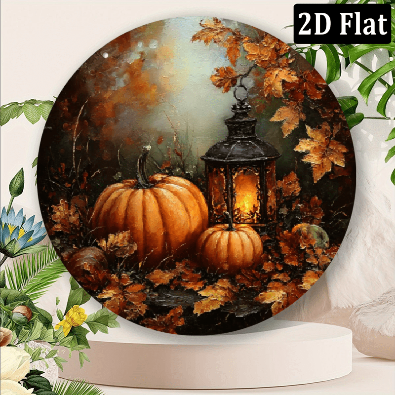 2D Flat, 1pc 8x8inch Aluminum 2D, Rustic Autumn Lantern Pumpkin Round ...