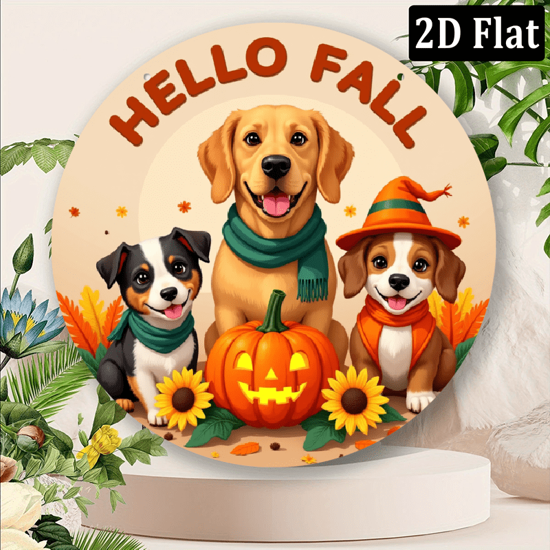 2D Flat, 1pc 8x8inch Aluminum Autumn Dog Theme Round Sign, Autumn ...