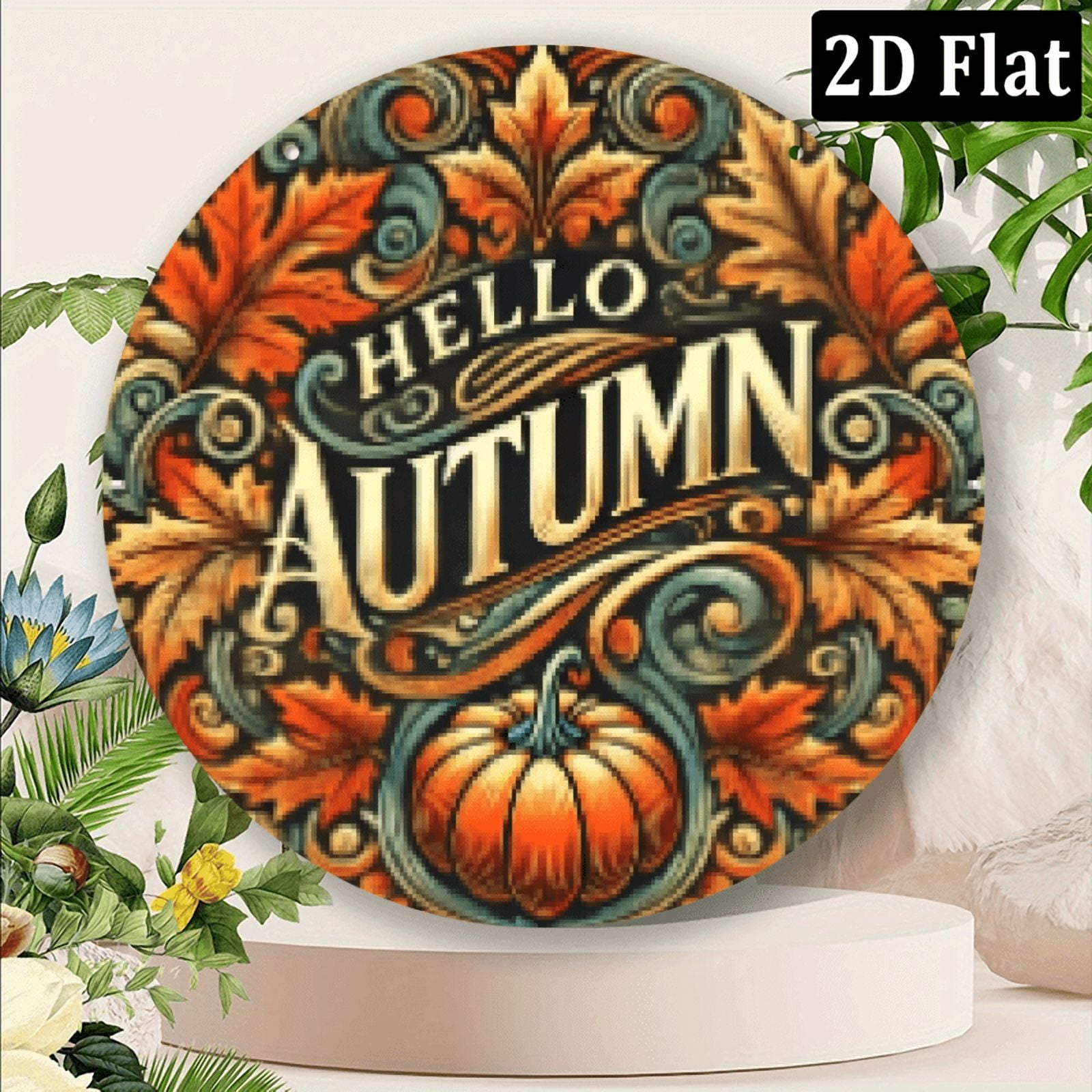 2D Flat, 1pc 8x8inch Aluminum Hello Autumn Aluminum Sign, Inch - Round ...