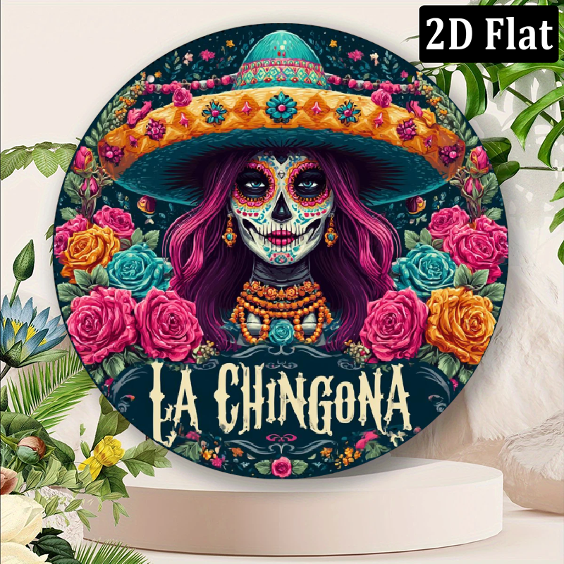 2D Flat, 1pc 8x8inch Aluminum La Chingona Sugar Skull Metal Round 2D ...