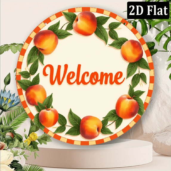 2D Flat, 1pc 8x8inch Aluminum Metal Sign Peaches Welcome Metal Wreath Sign, Round Wreath Sign ...