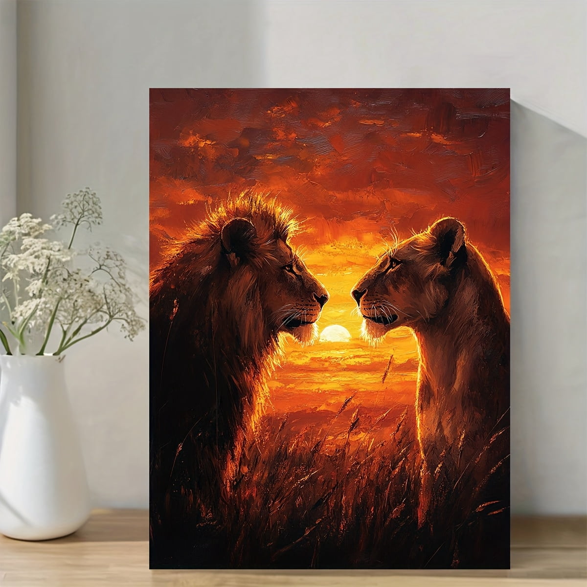 2D Flat, 1pc African Lion & Lioness Sunset Painting - Recycled Wood ...
