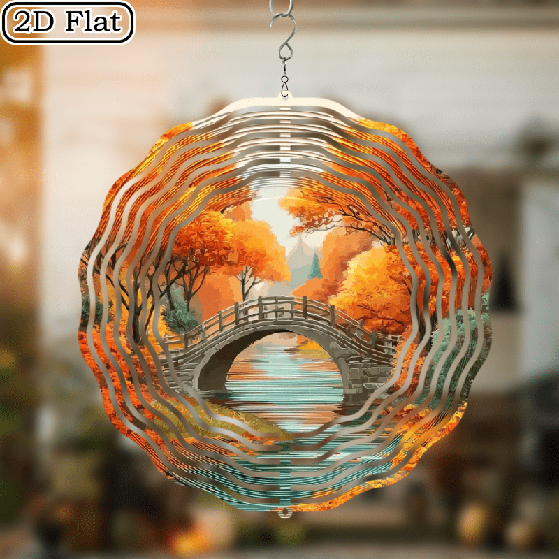 2D Flat, 1pc Autumn Bridge Wind Spinner - Metal Wind Chime with Hanging ...